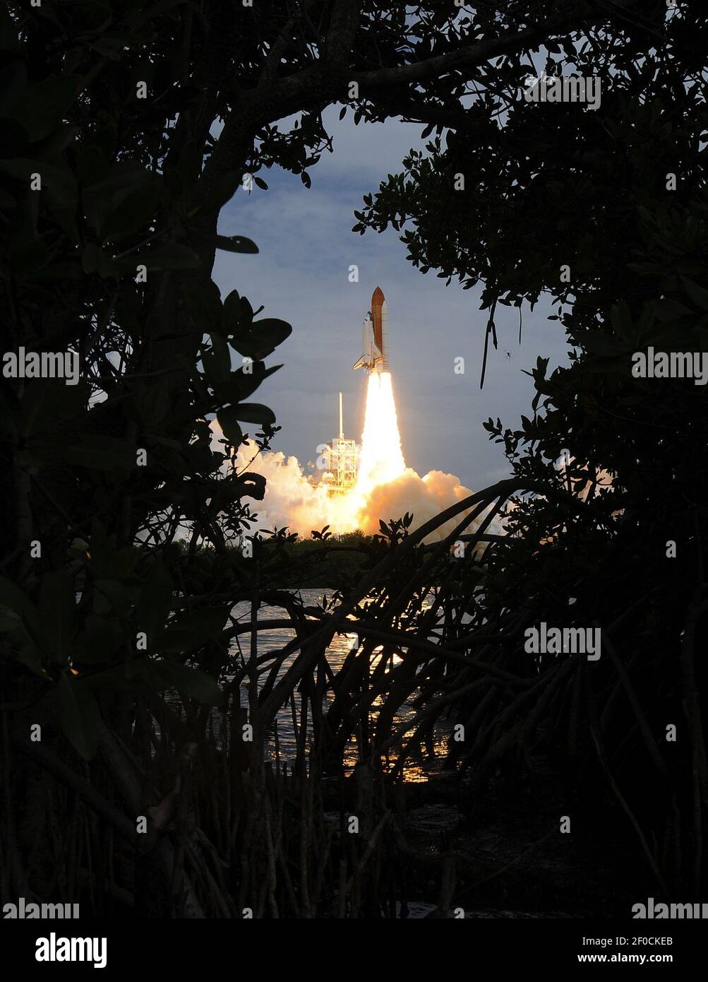 Space shuttle Atlantis is framed by mangrove trees, Friday, July 8 ...