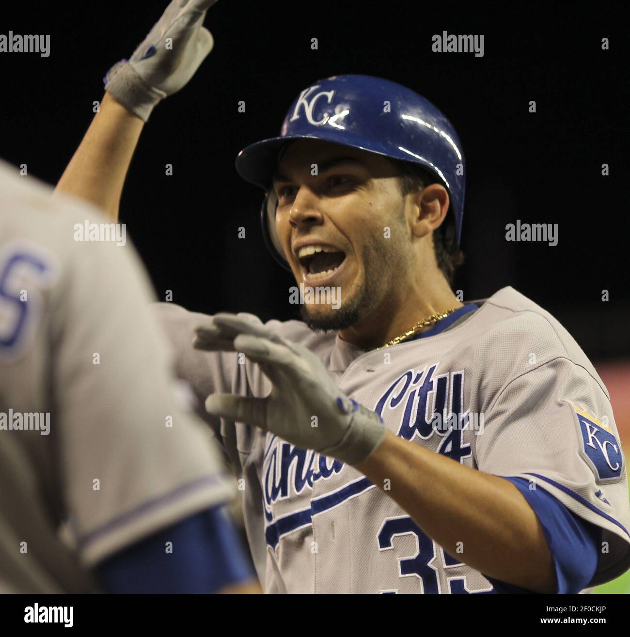 The Kansas City Royals' Eric Hosmer celebrates as he arrived back in ...