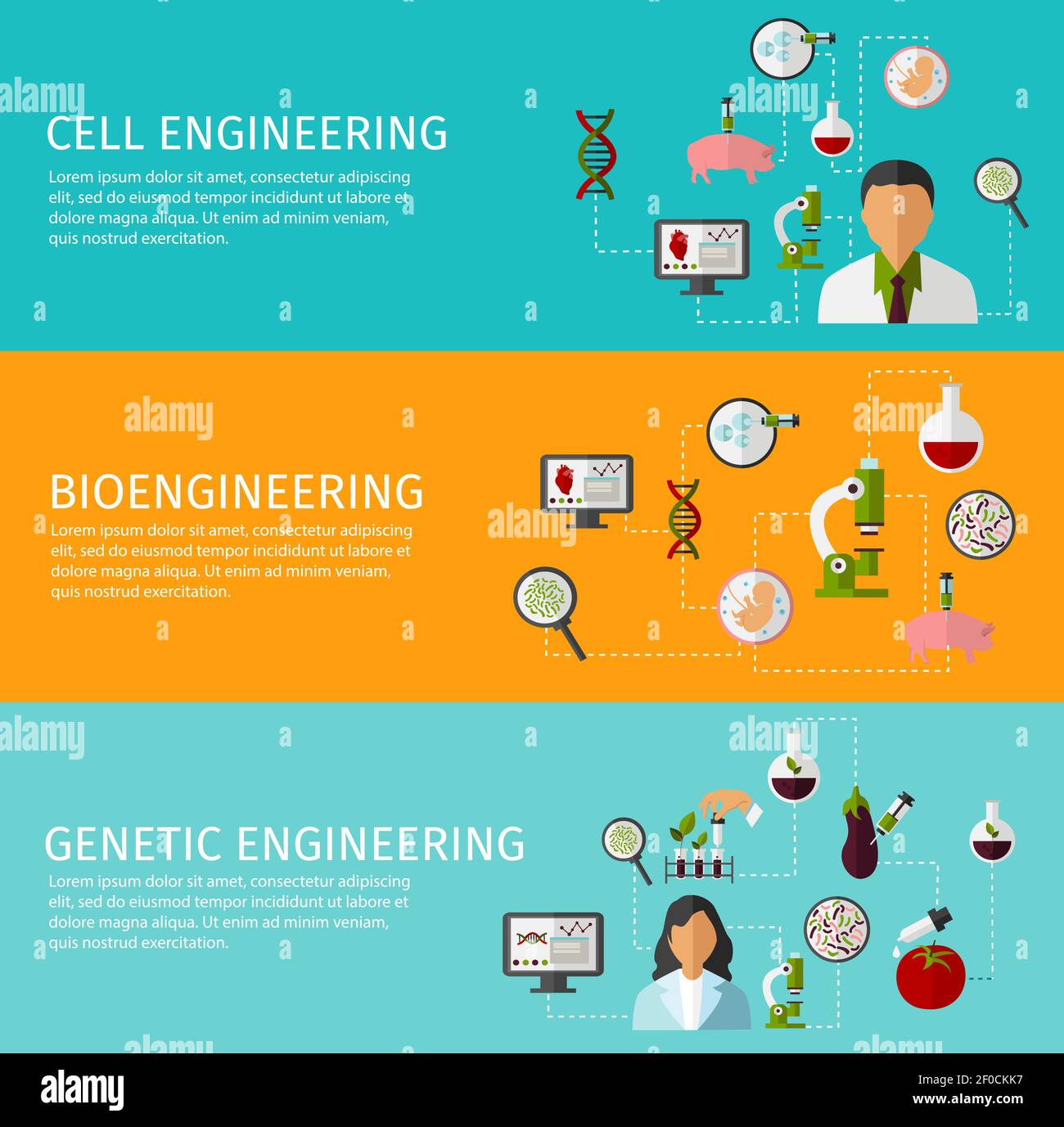 Three horizontal biotechnology banner set with description of cell ...