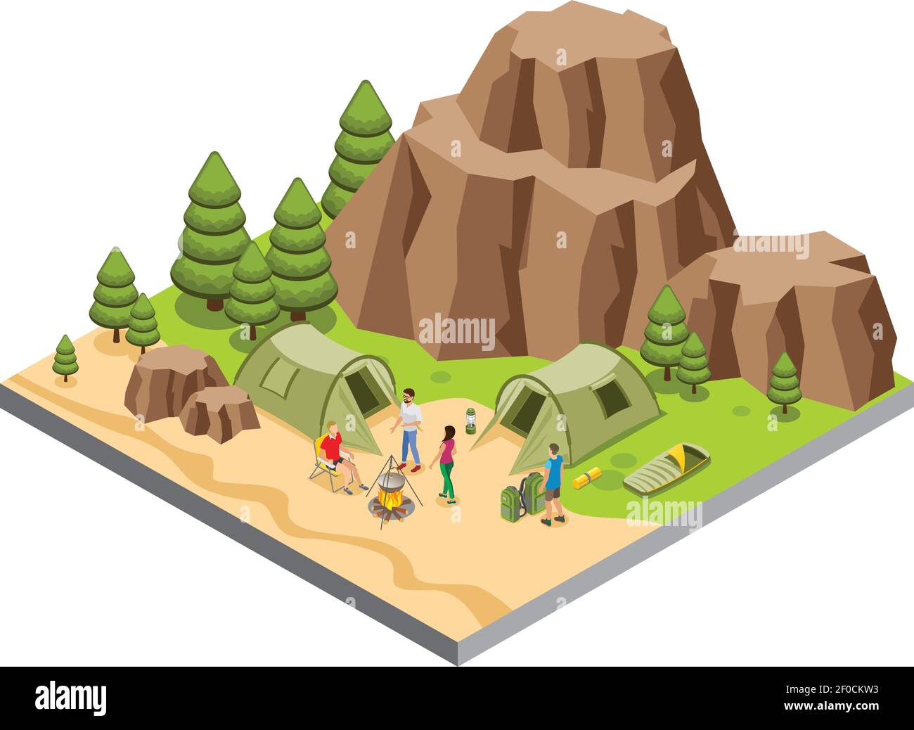 Isometric mountain camping template with tourists food cooking tents ...