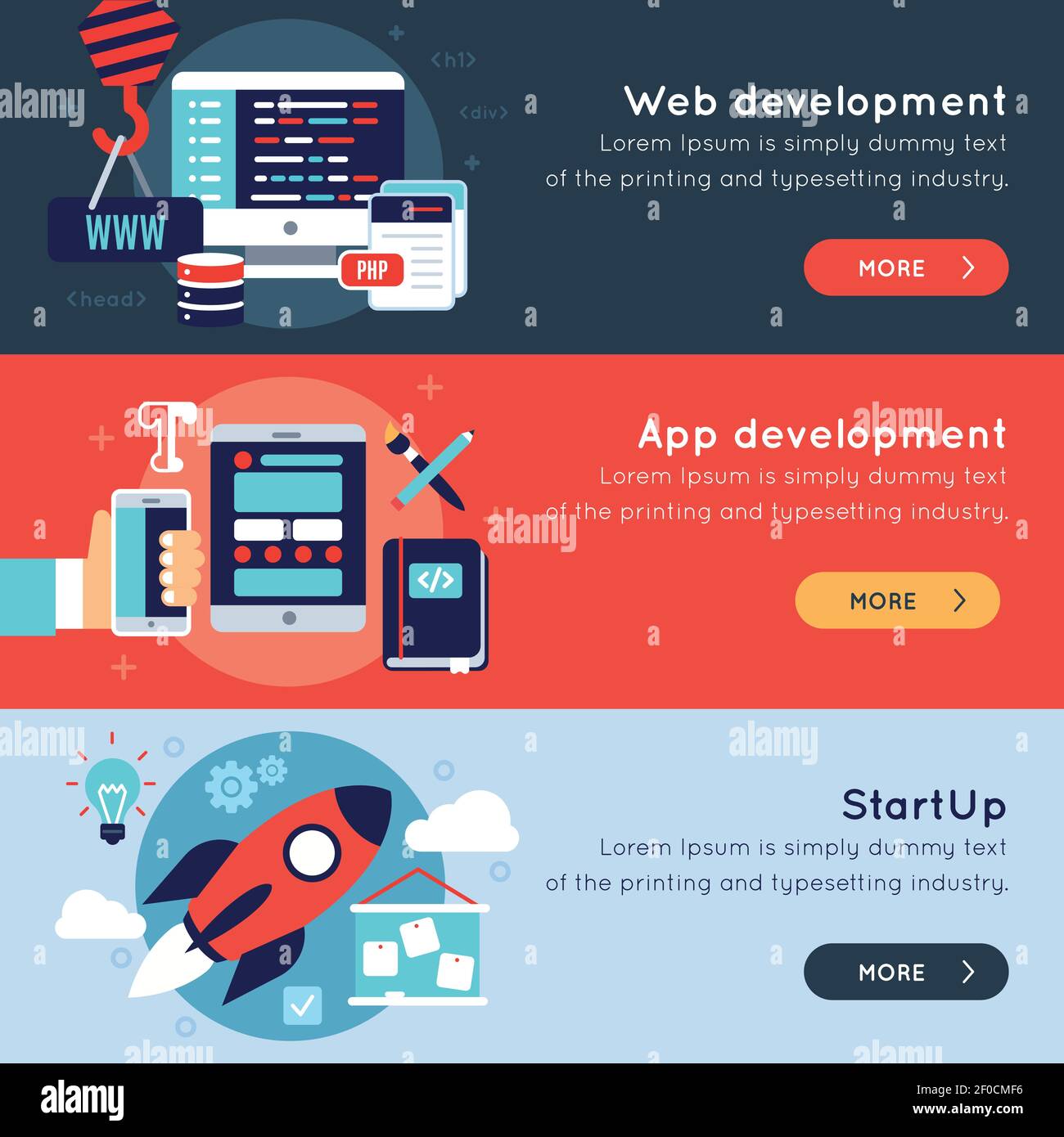 Three colored horizontal program development banner set with ...