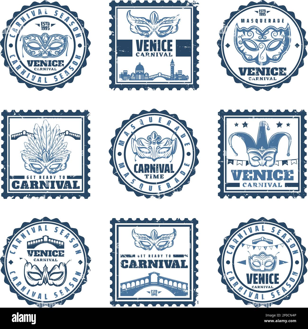 Vintage traditional Venice carnival stamps set with beautiful facial ...