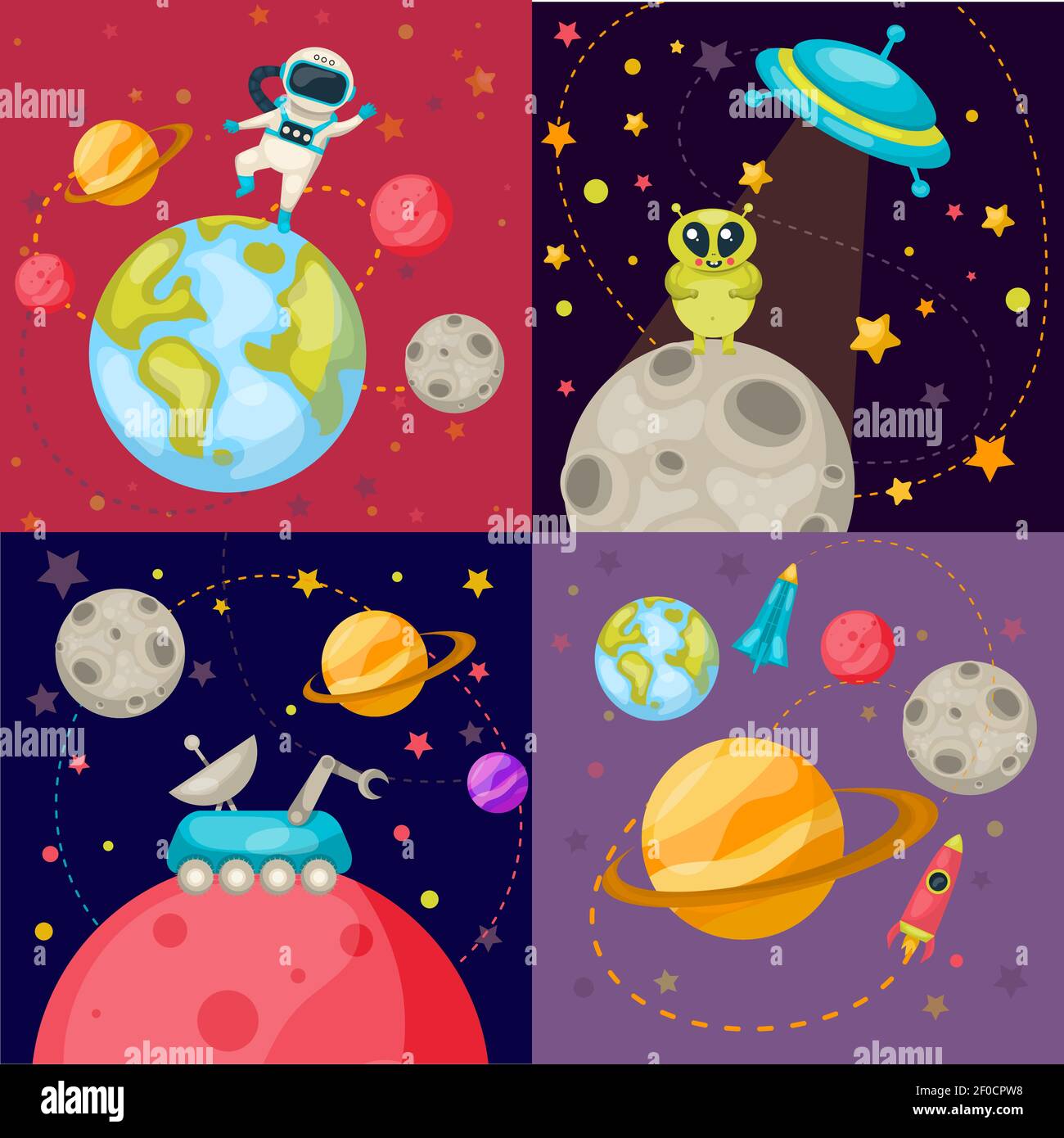 Four square space icon set on four different cosmic themes with ufo ...