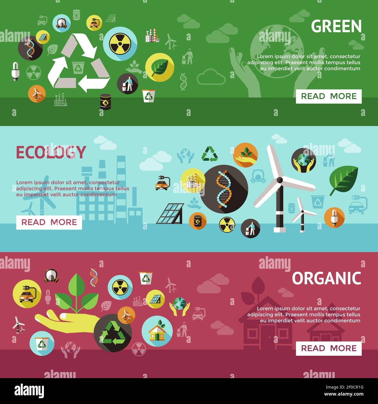 Three horizontal ecology banner set with green ecology organic ...