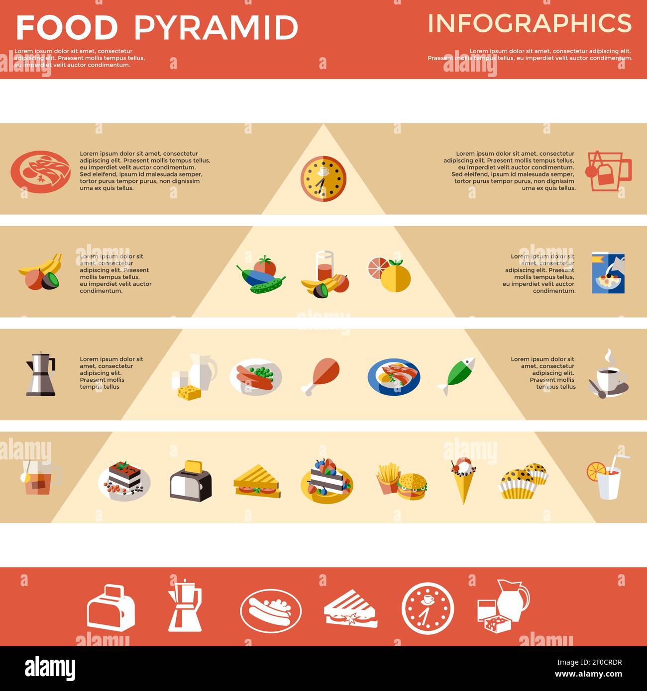 Food pyramid infographic with food and drinks divided into types and ...