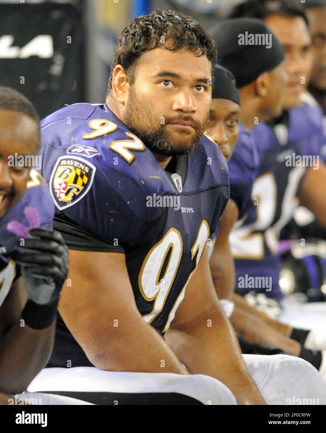 Baltimore Ravens nose tackle Haloti Ngata watches the game from the ...