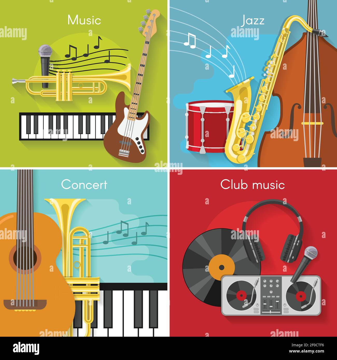 Four square flat music icon set on music jazz concert and club music ...