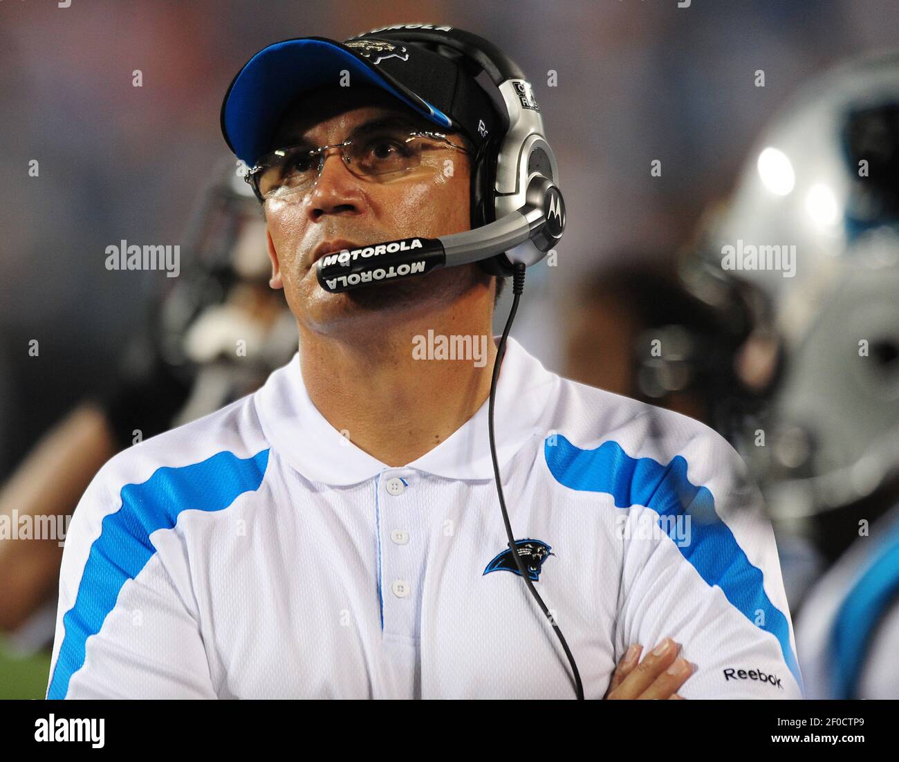 Carolina Panthers head coach Ron Rivera watches a replay of action ...