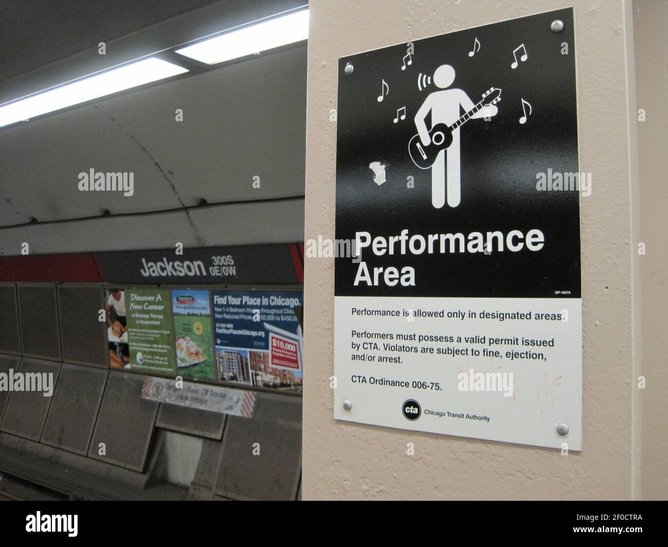 A sign indicates the designated performance area is seen at Chicago ...