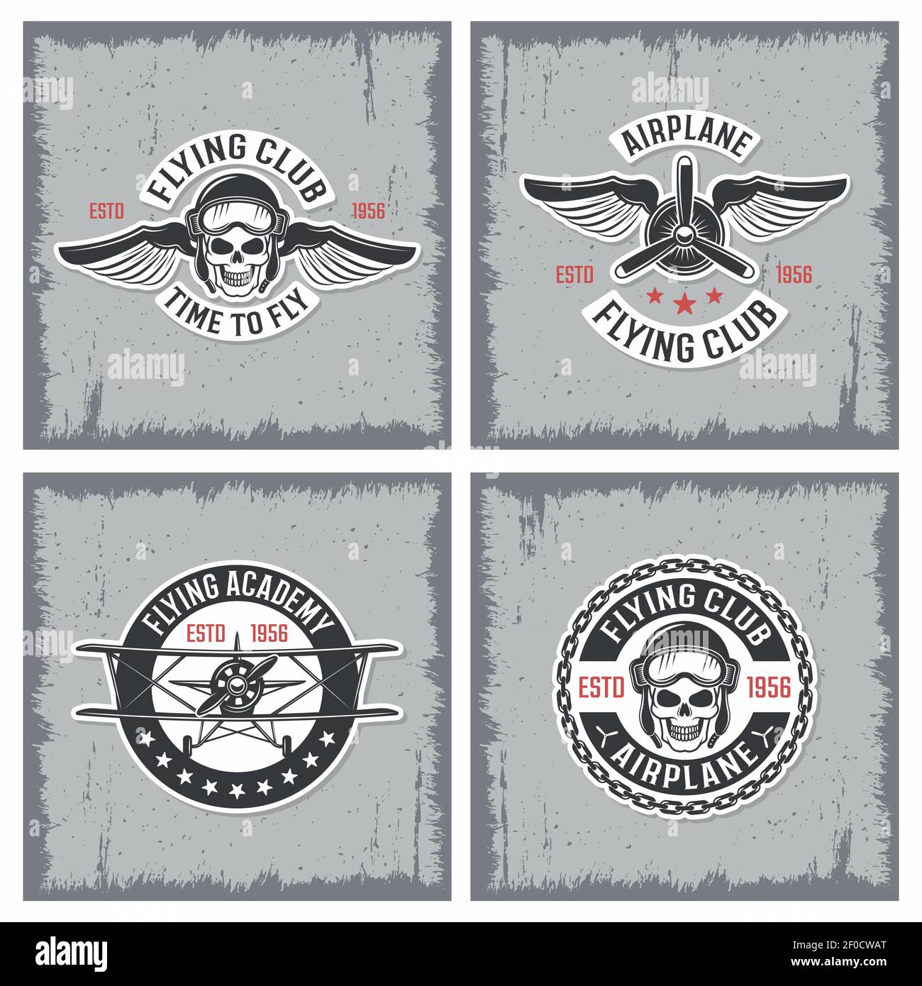 Four square airplane icon set with emblems of flying club and flying ...