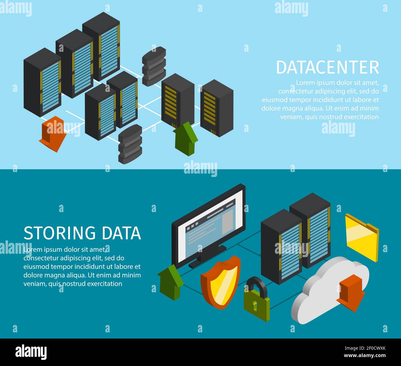 Two horizontal datacenter banner set with descriptions of storing data ...