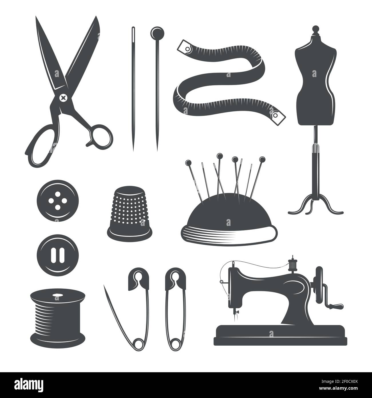 Black isolated tailor icon set with set tools for sewing on white ...