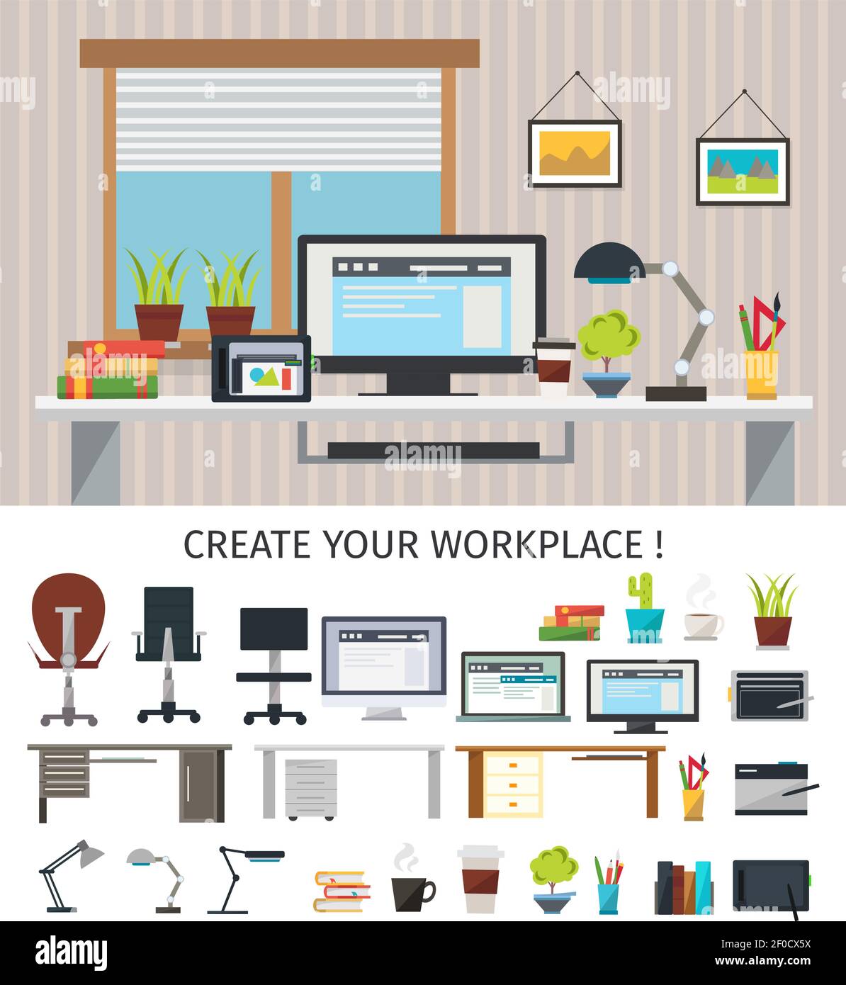 Create interior workplace concept with isolated icon set at the bottom ...