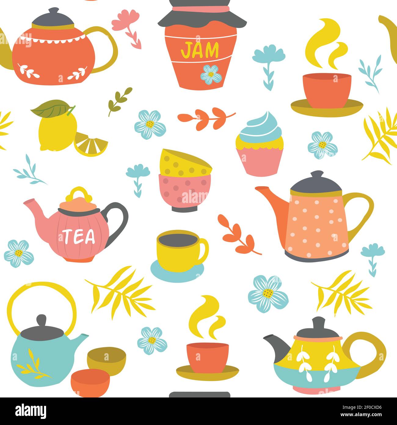 Tea ceremony seamless pattern of sweet things herbs ceramic pots and ...