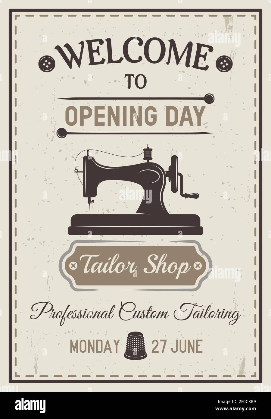 Gray tailor poster or flyer with headline welcome to opening day tailor ...