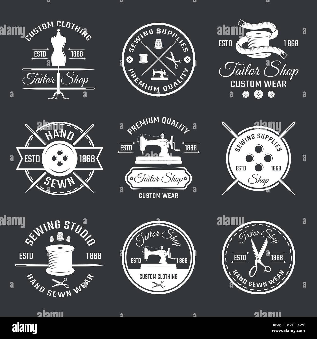 White tailor emblem set with different tools for sewing on black ...
