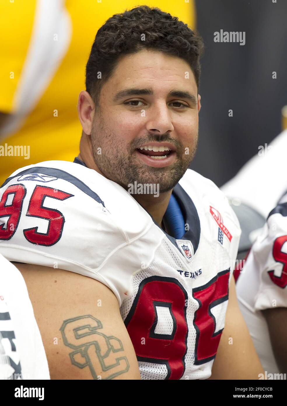 Shaun Cody (95) of the Houston Texans is shown on the bench during the ...