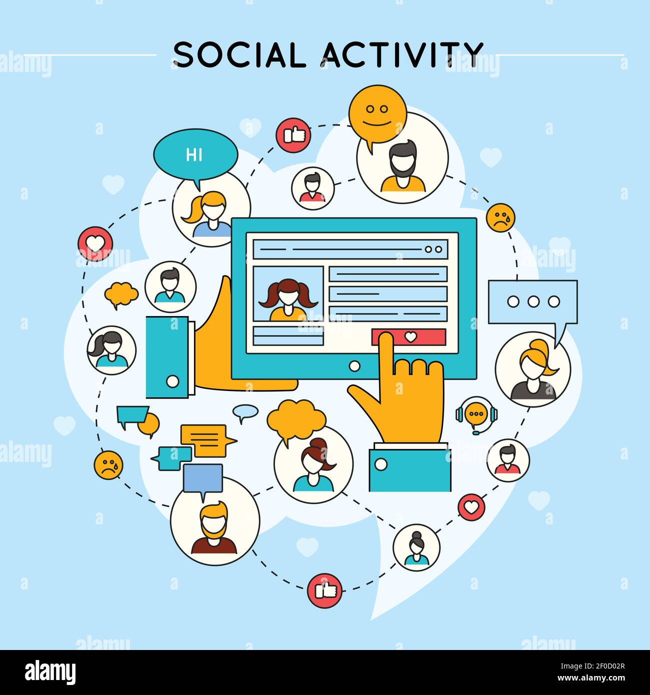 Social network activity design with tablet computer in hands at center ...