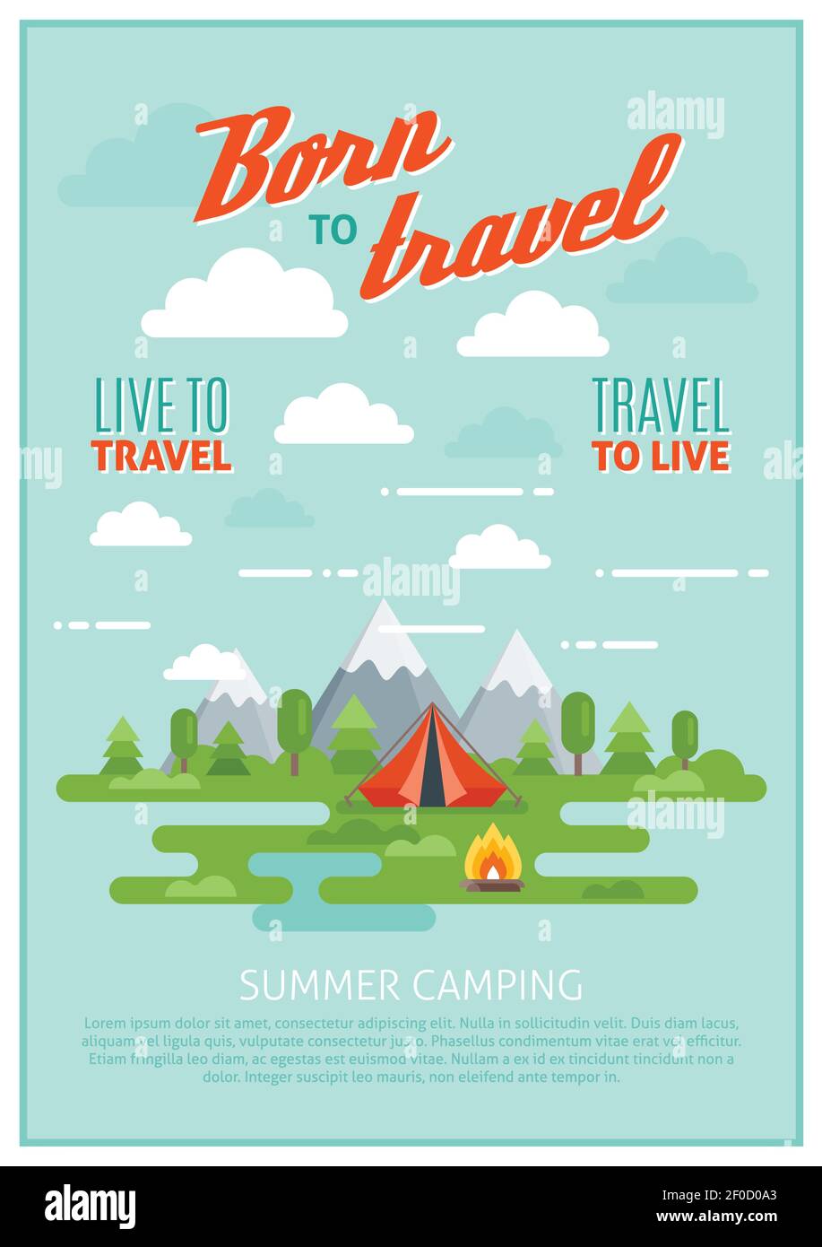 Summer camping poster with tent bonfire in forest near mountains and ...