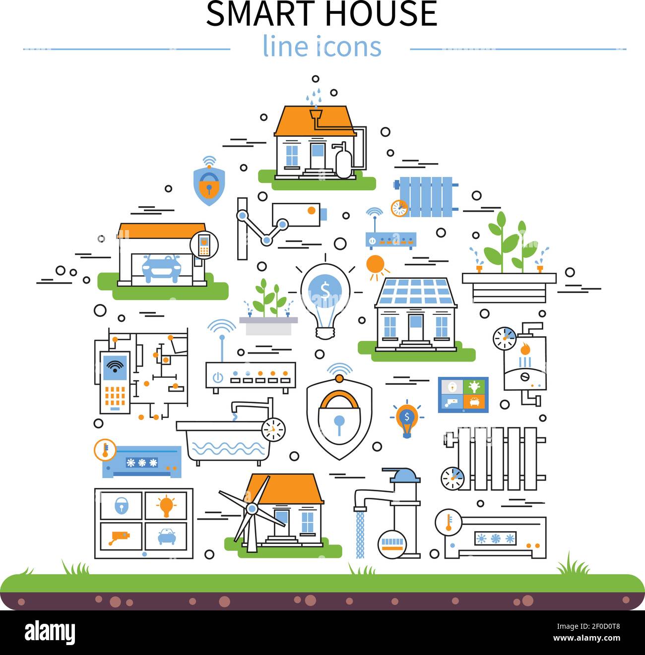 Smart house flat colored icon set in linear style and combined in house ...