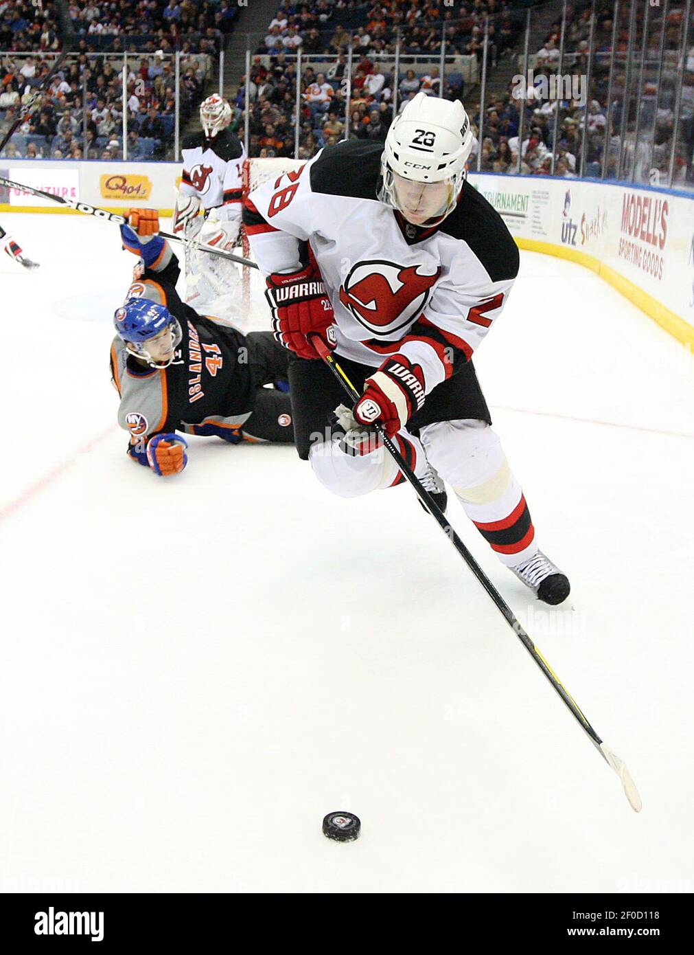 Anton Volchenkov (28) of the New Jersey Devils clears the puck against ...