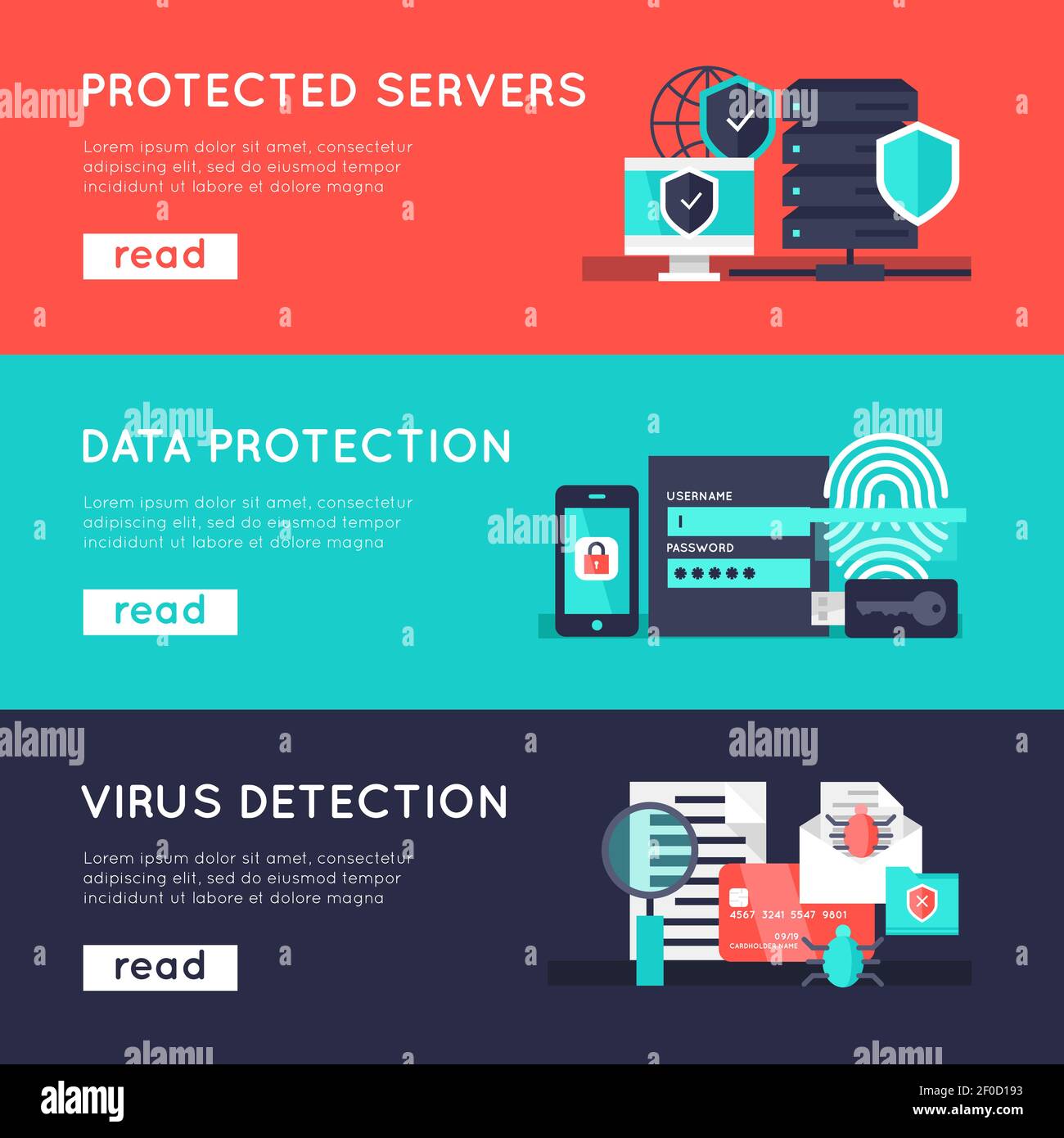 Data protection horizontal banners set with secure servers information ...