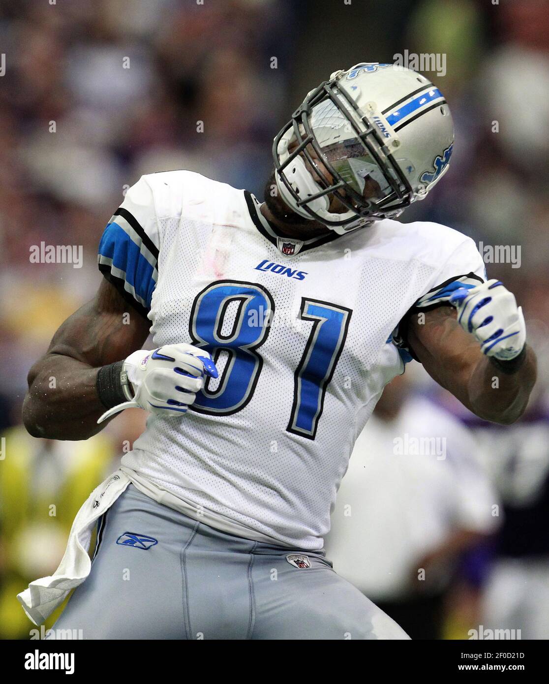 The Detroit Lions' Calvin Johnson (81) reacted after catching a 40-yard ...