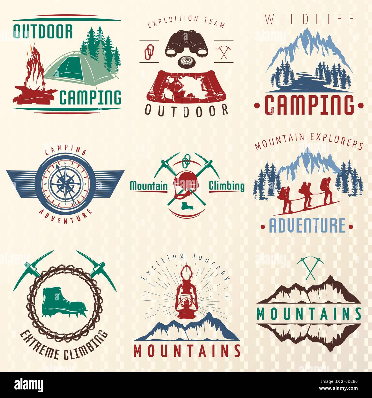 Mountain expeditions colorful emblems with rocks boots ice axe lantern ...