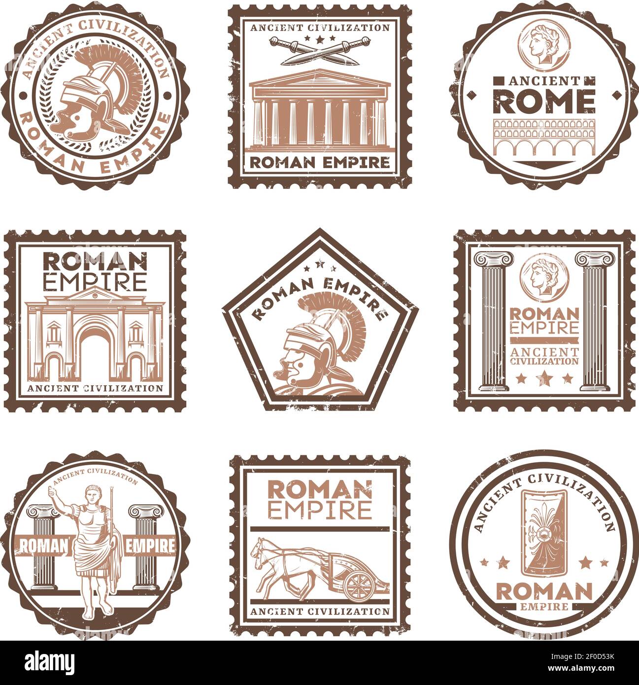Vintage ancient rome civilization stamps set with inscriptions ...