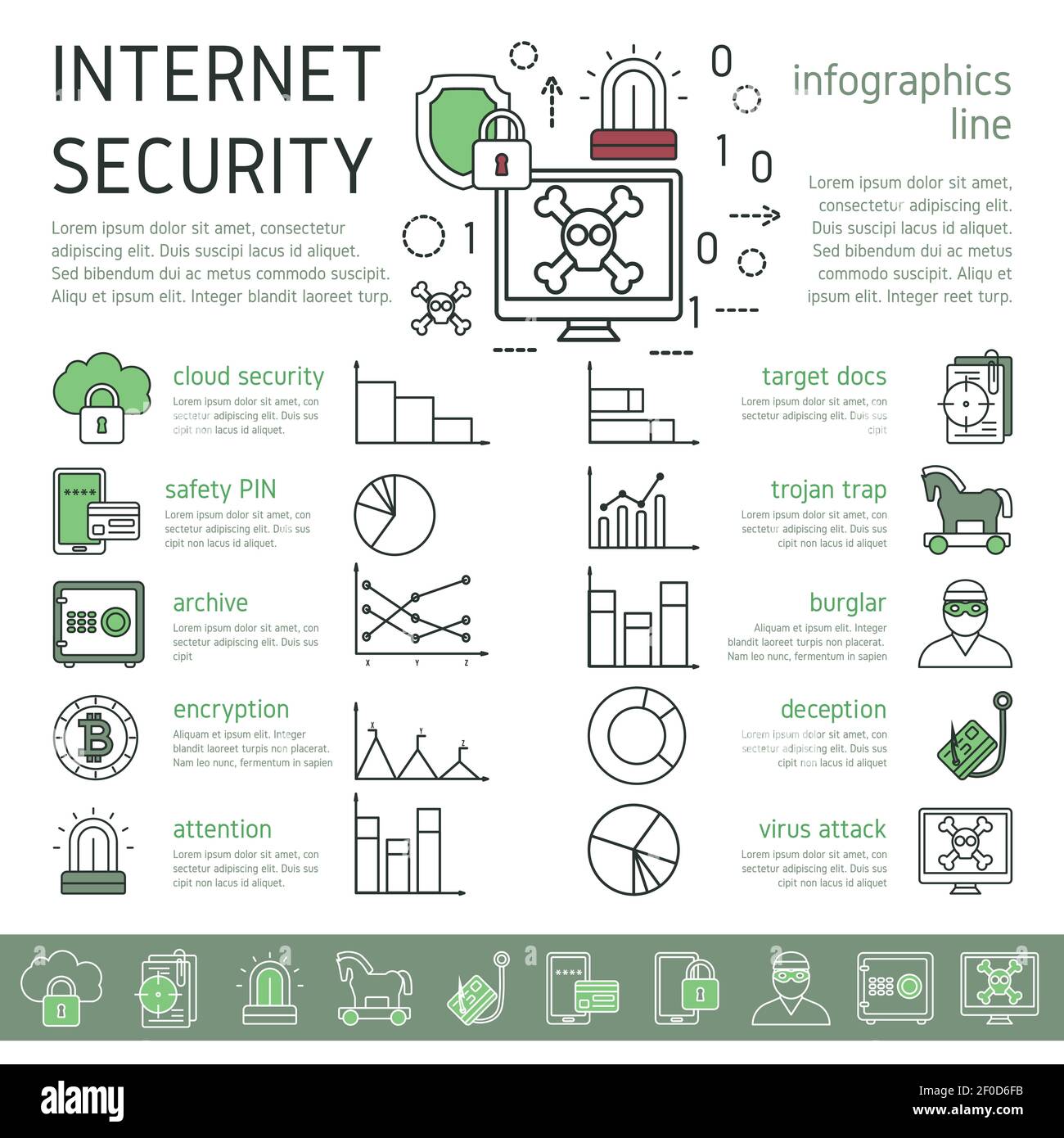Internet security linear infographics with virus attack design data ...