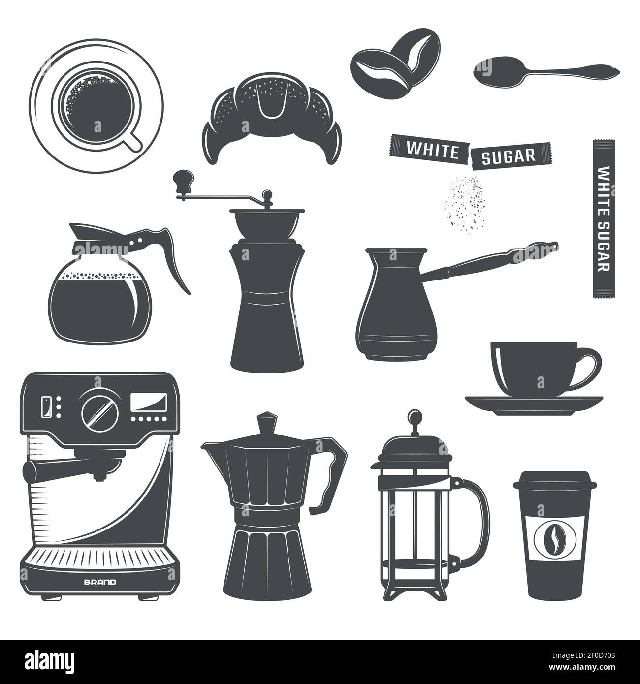 Black isolated colored coffee icon set with utensils for coffee and ...