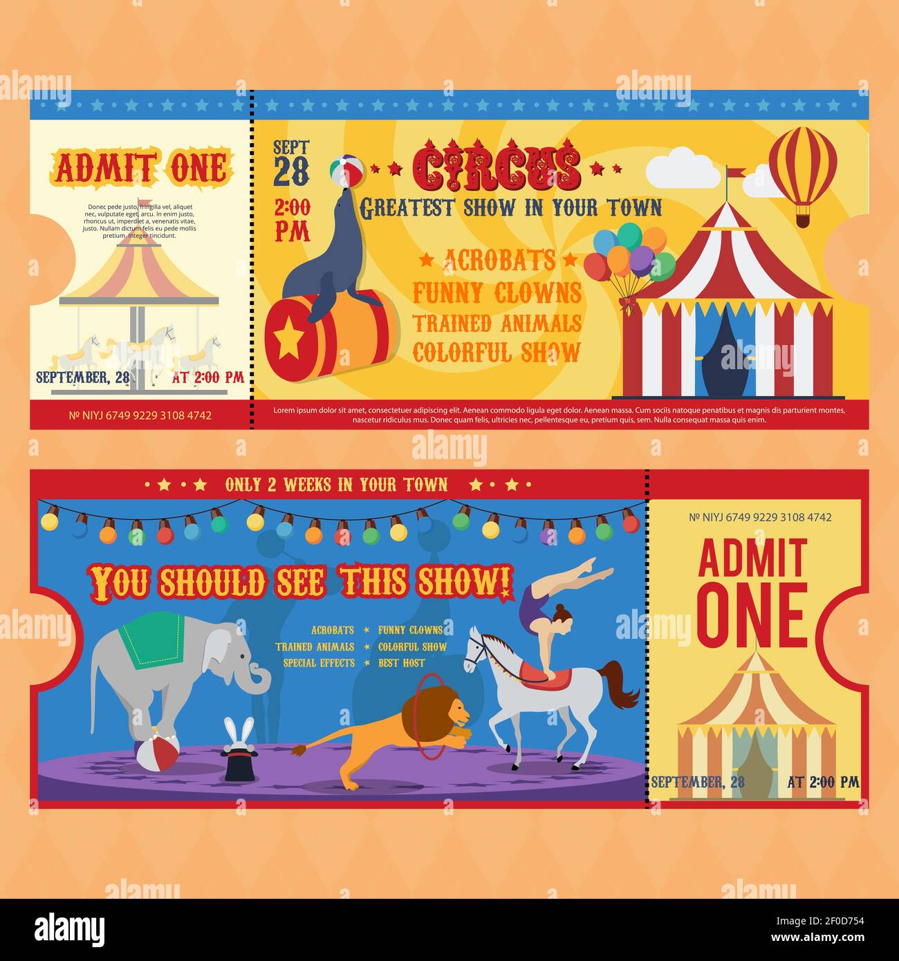 Circus tickets templates with striped tent carousel balloon animals ...