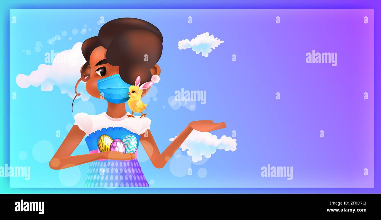 little girl in mask with eggs and cute chick happy easter spring ...