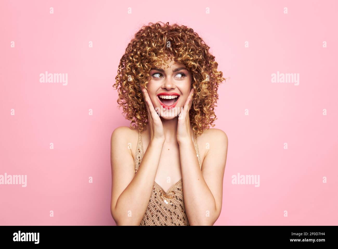 Female Look towards Delight curly hair portrait curly hair Stock Photo ...