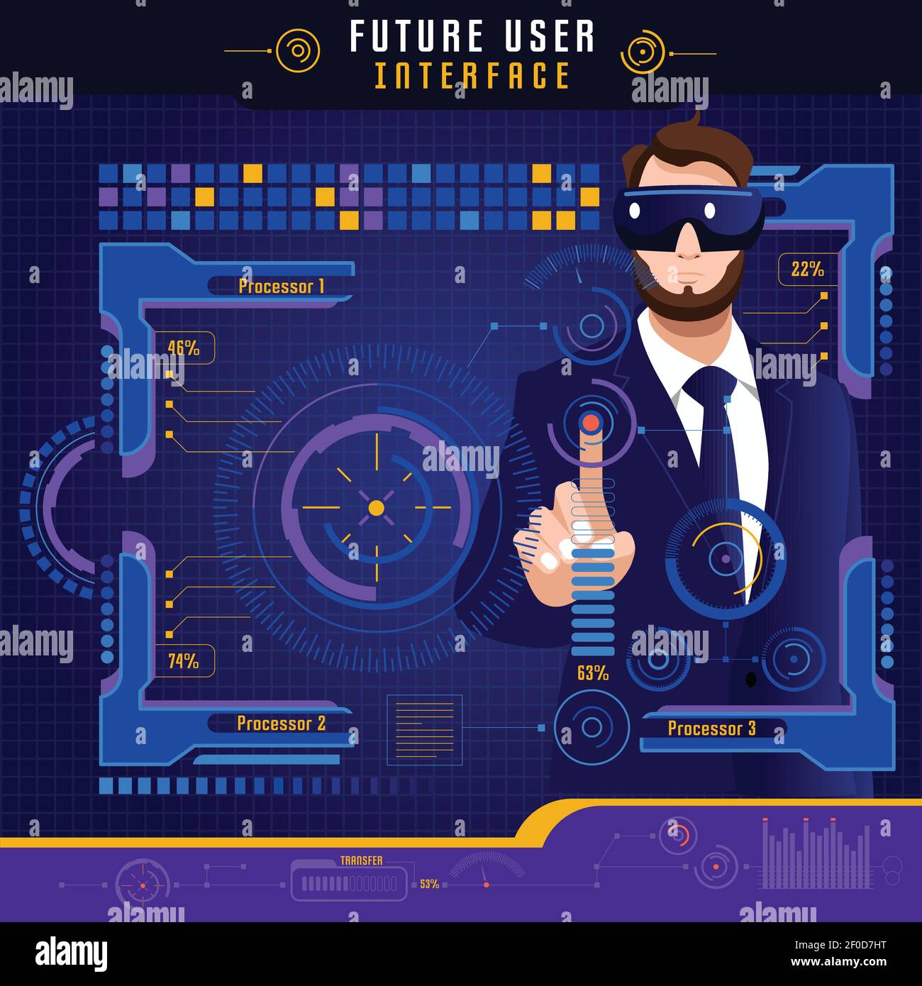 Abstract future user interface with person touching by finger virtual ...