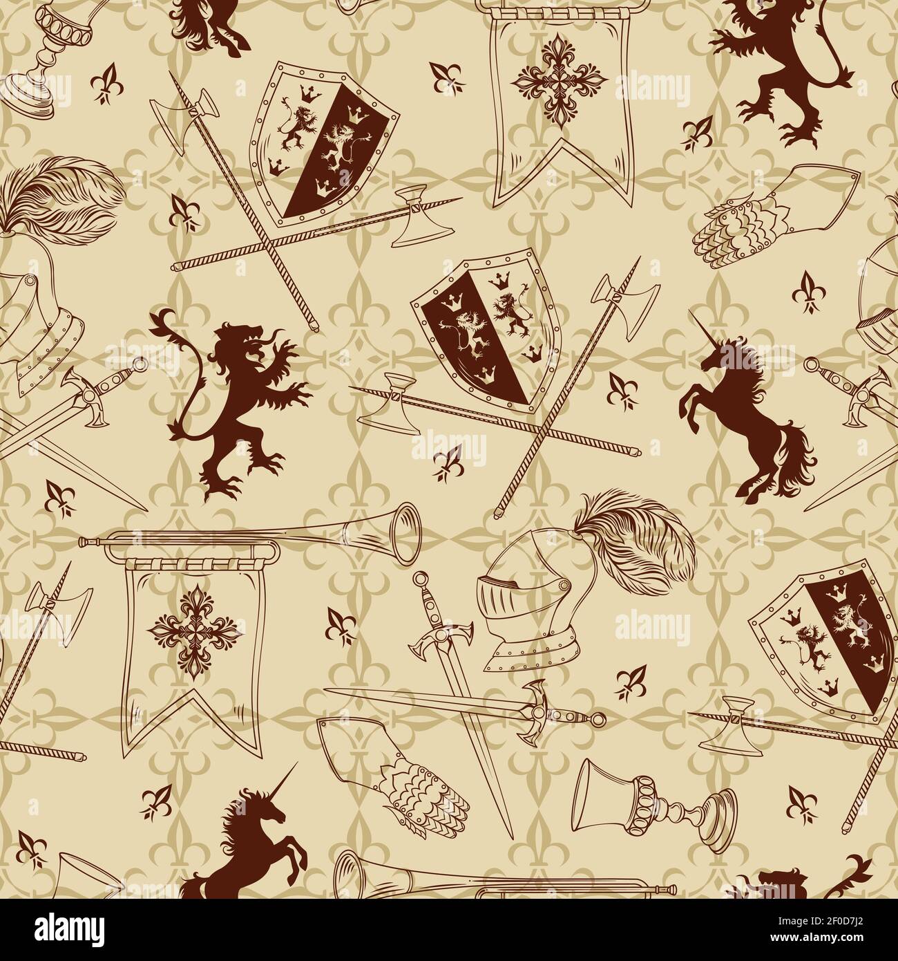 Knight seamless pattern with transparent attributes of warrior and ...