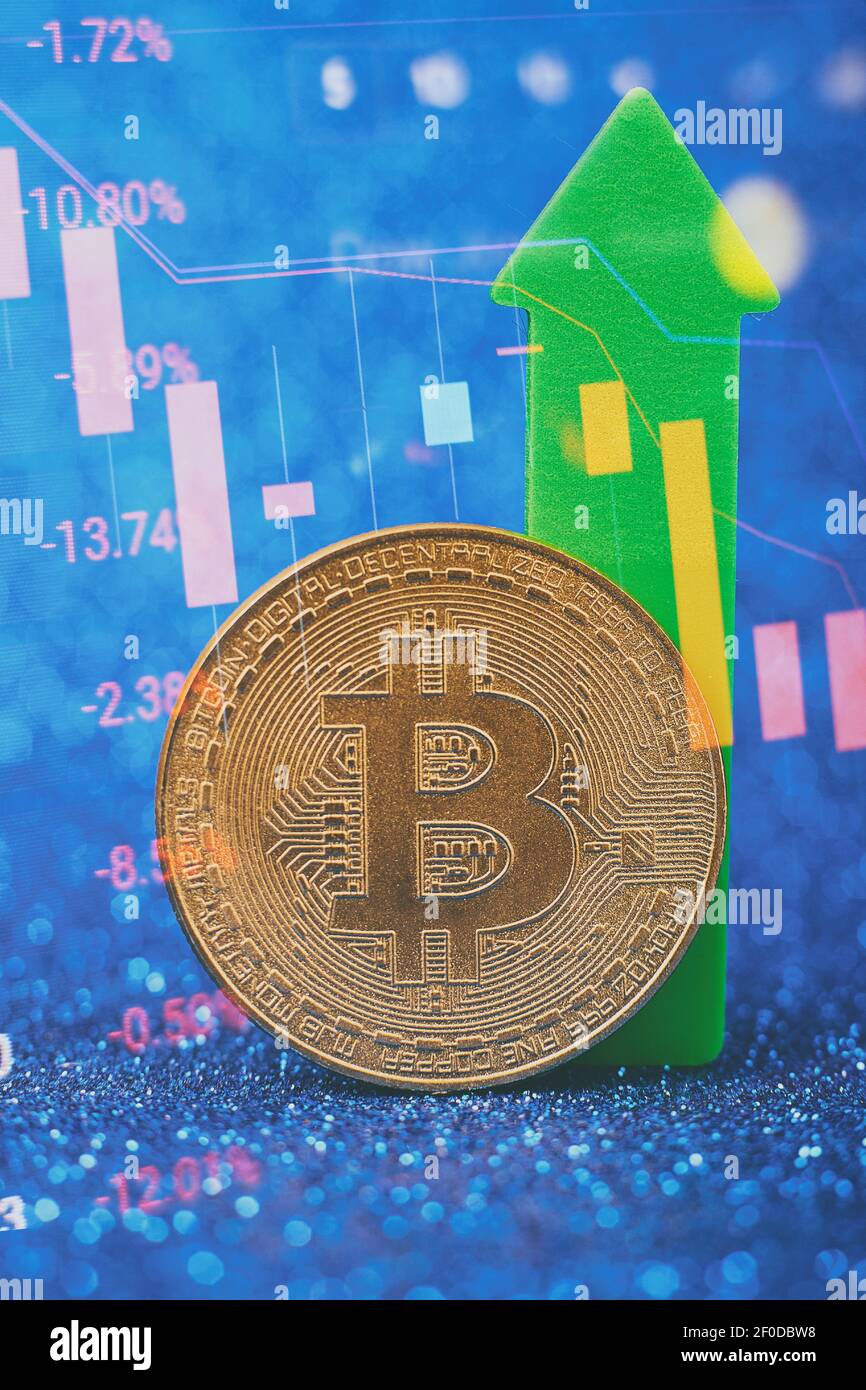 Bitcoins with Candle stick graph chart and digital background.Golden ...