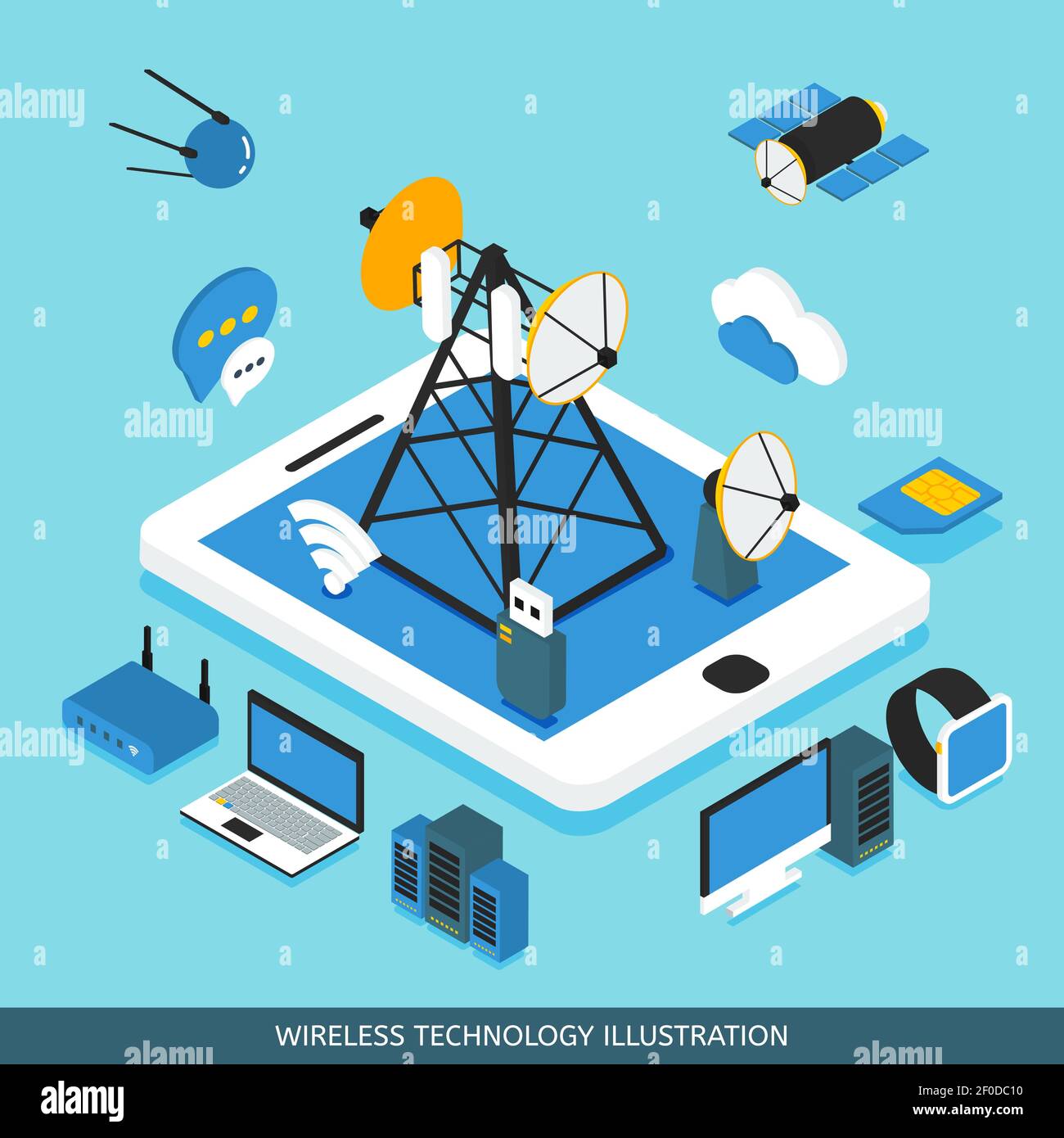 Wireless technology isometric design with tablet computer network tower ...