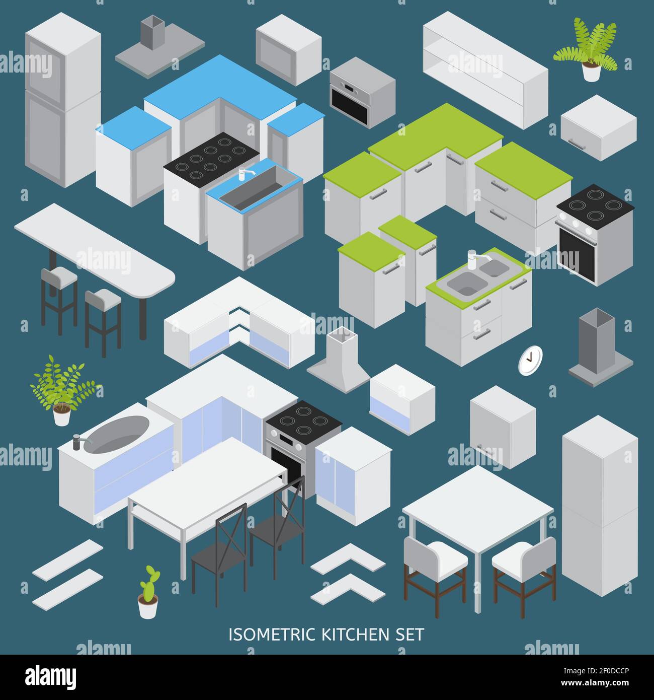 Isometric kitchen elements set with domestic appliances tables chairs ...