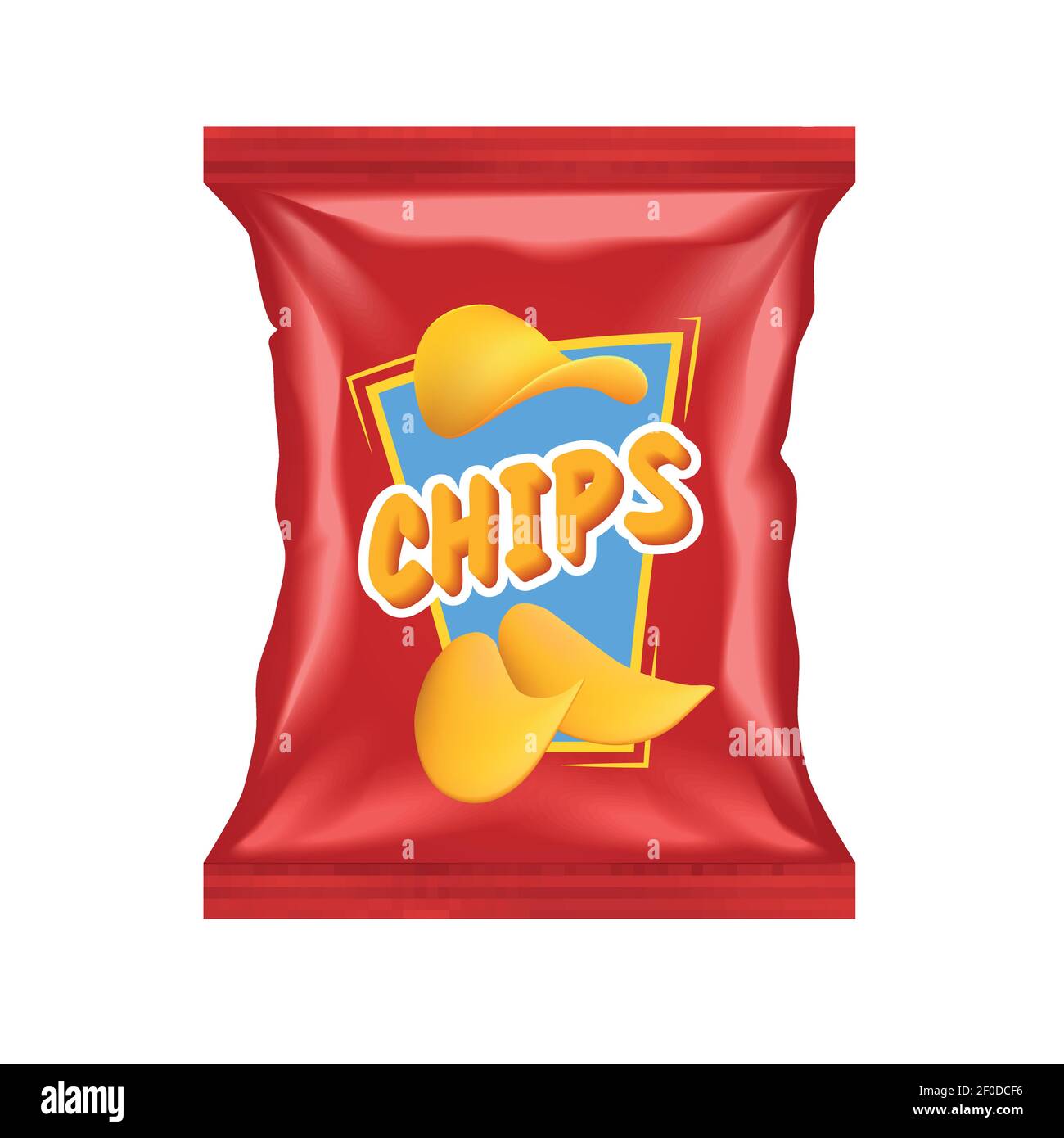 Realistic red chips package with snack label isolated with shadows and ...