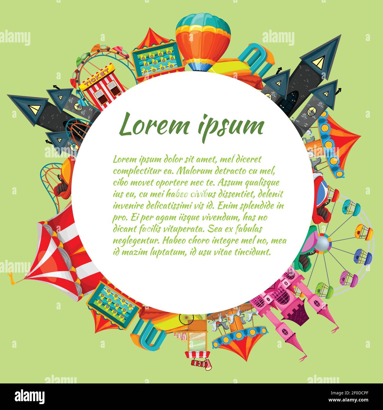 Amusement park round design with text in white circle and entertainment ...