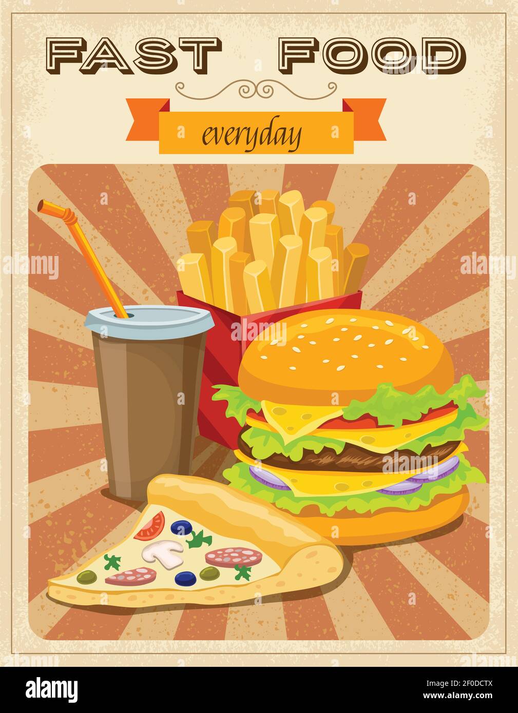 Fast food retro style poster with drink potato fried burger pizza on ...