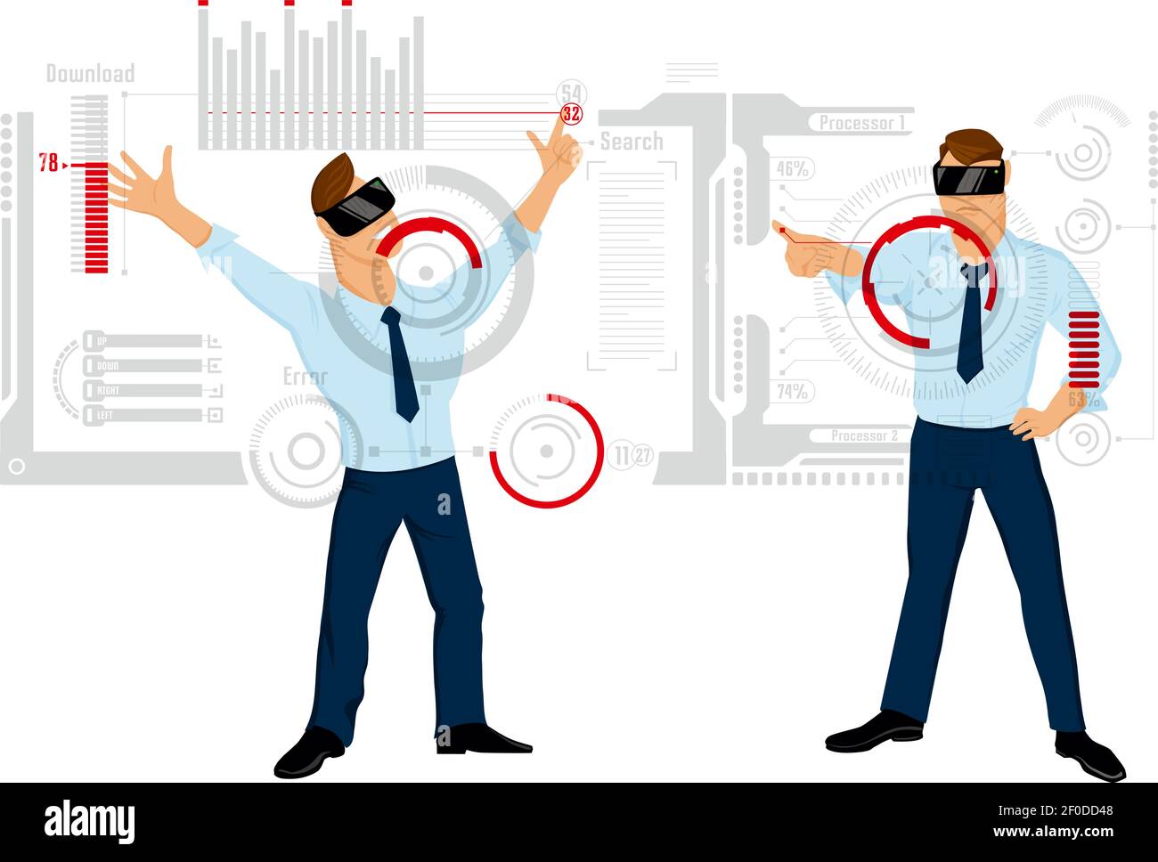 Cartoon style background with two male characters in augmented reality ...