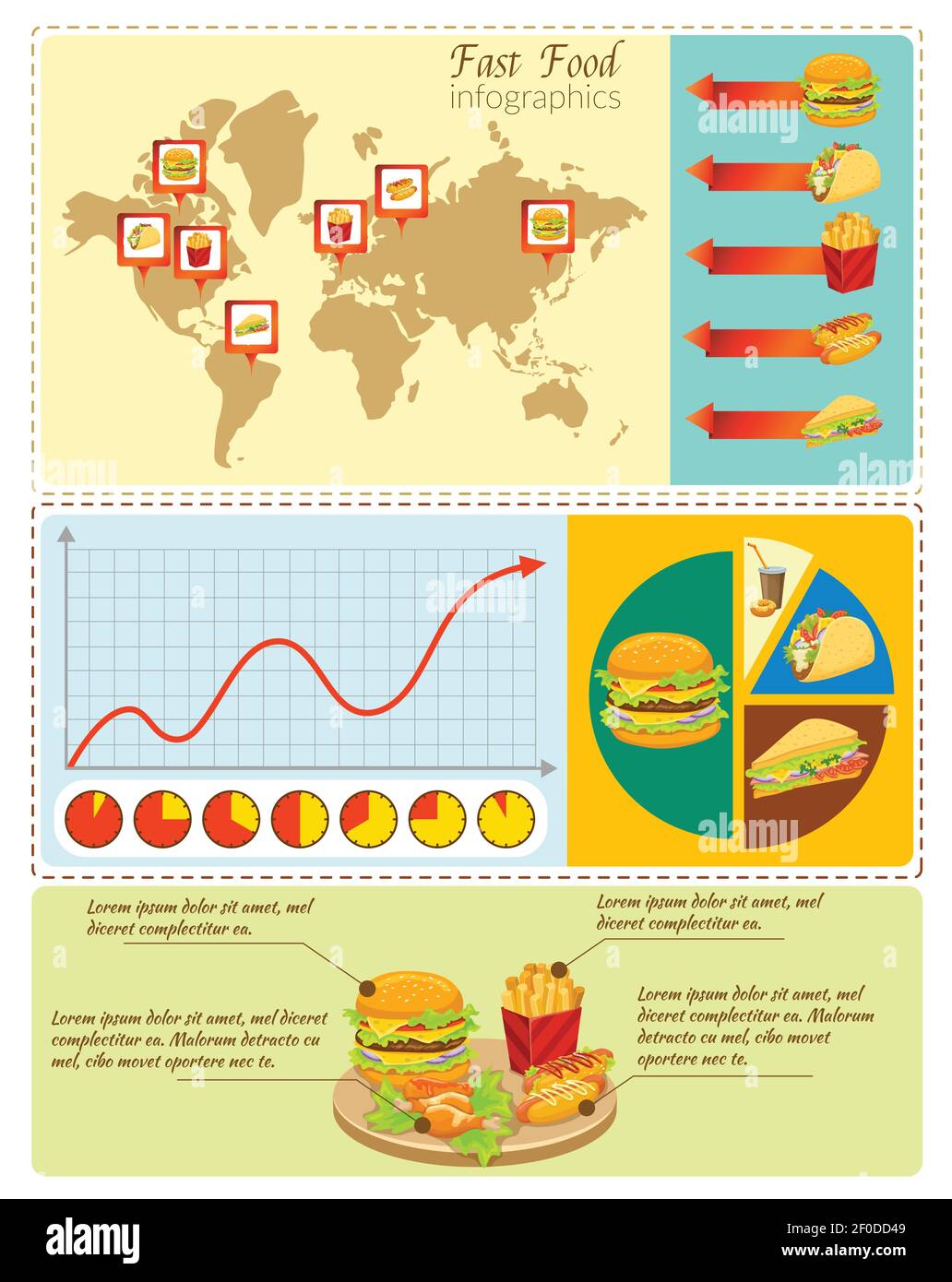 Fast food infographics with world map with markers set of snack dishes ...