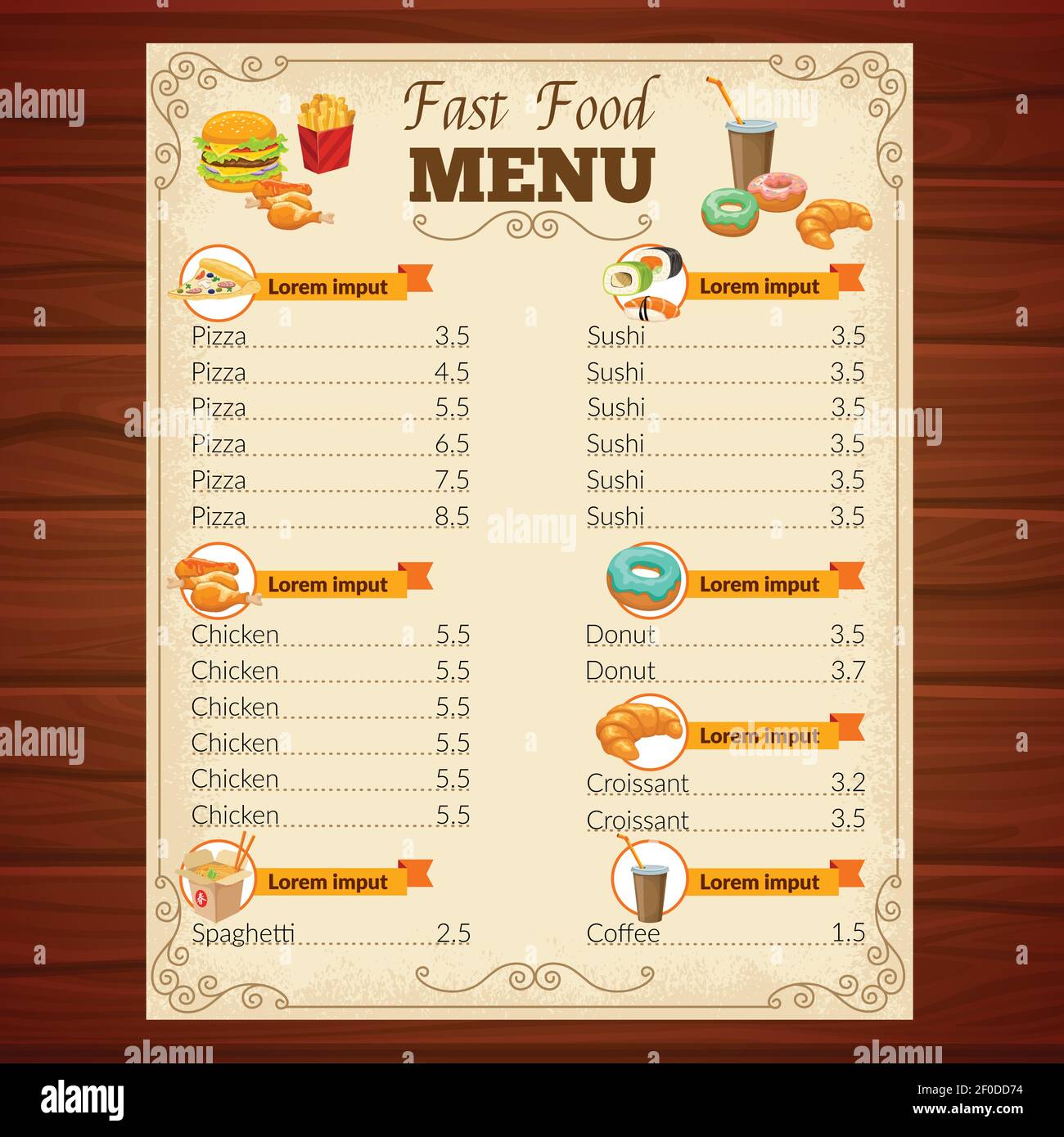 Fast food menu with decorative frame vignettes snack dishes beverage ...