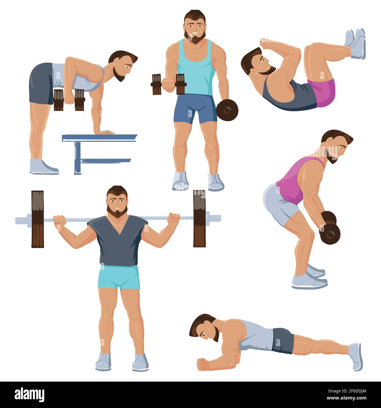 Isolated set of male fitness characters in training gym suites working ...