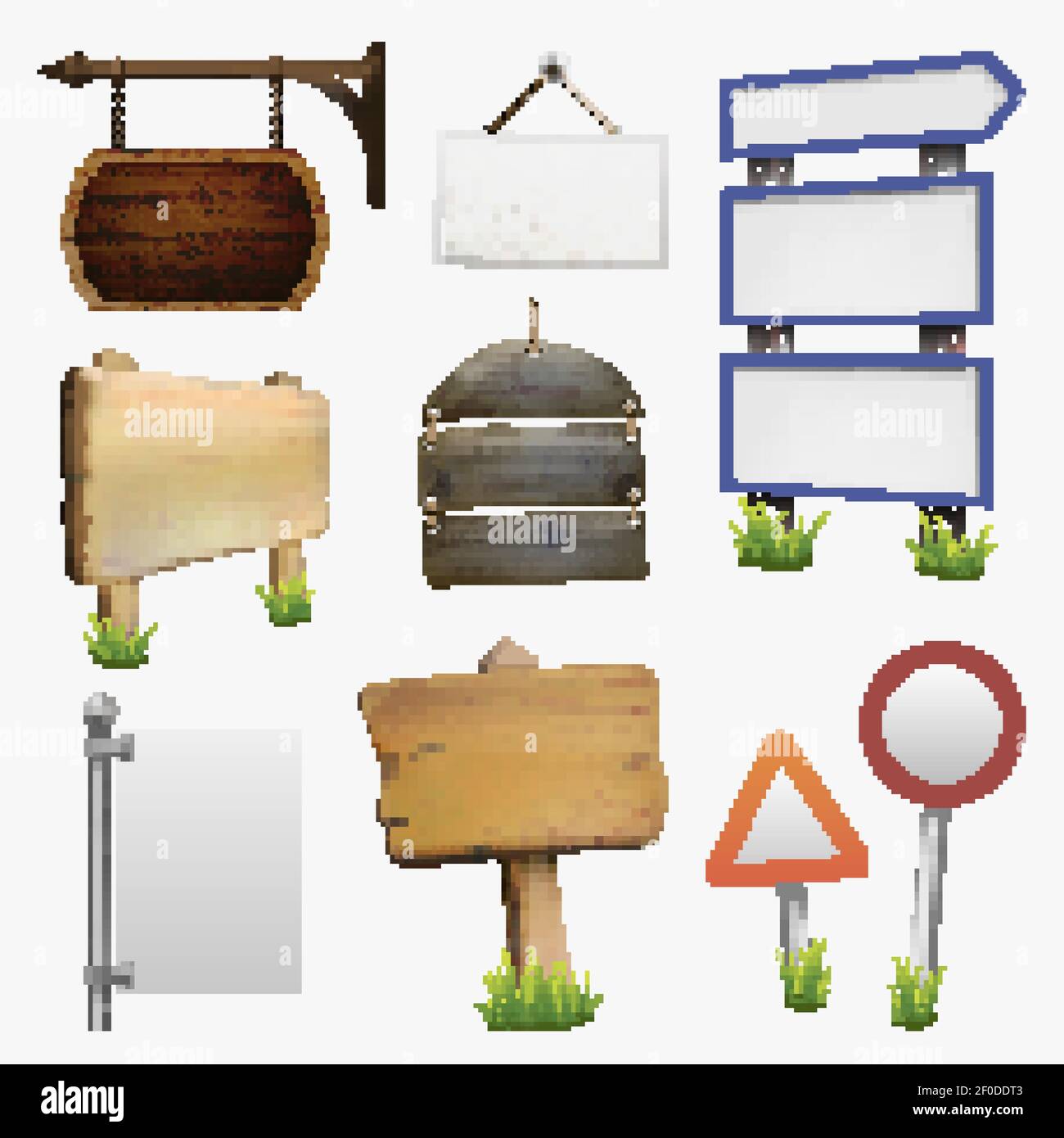 Guideposts and information boards set including wooden and metal frames ...