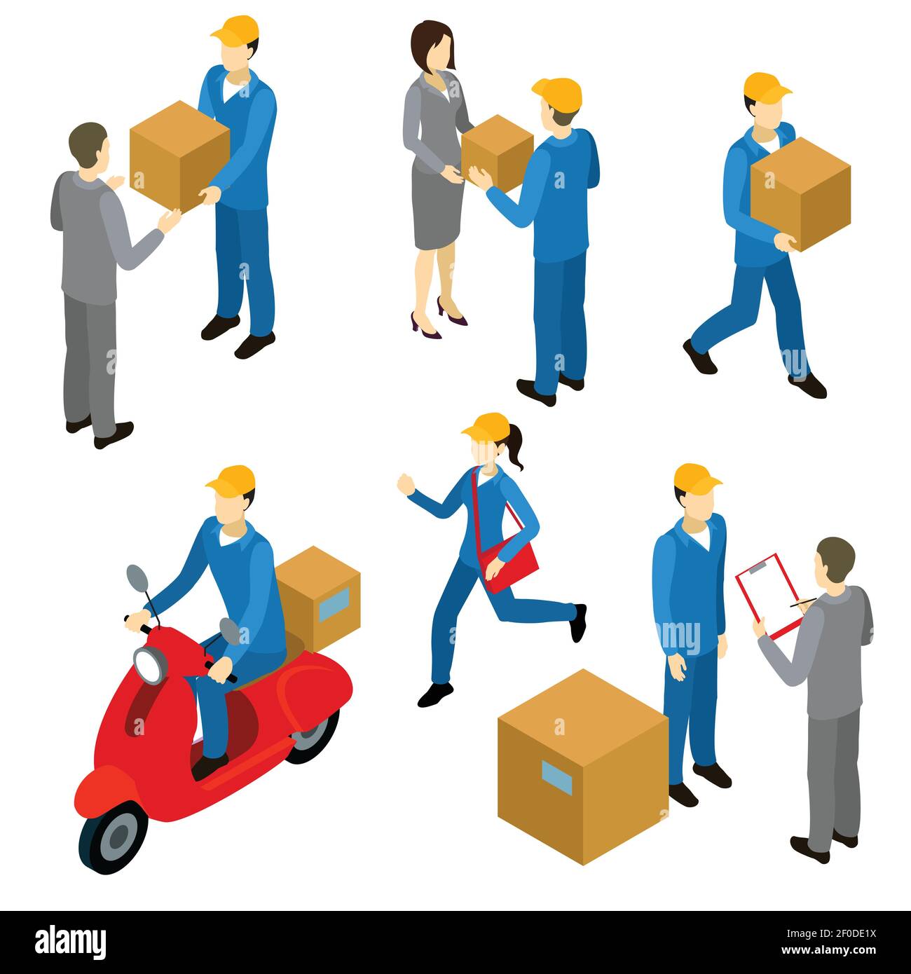 Delivery isometric characters set with couriers in uniform and ...