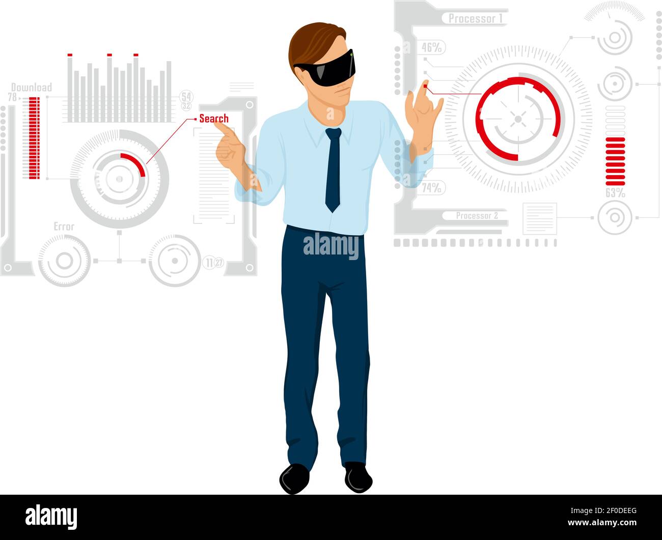 Flat composition with male businessman character working on two ...