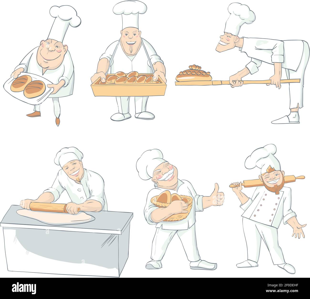Set of six isolated hand drawn caricature style happy baker characters ...
